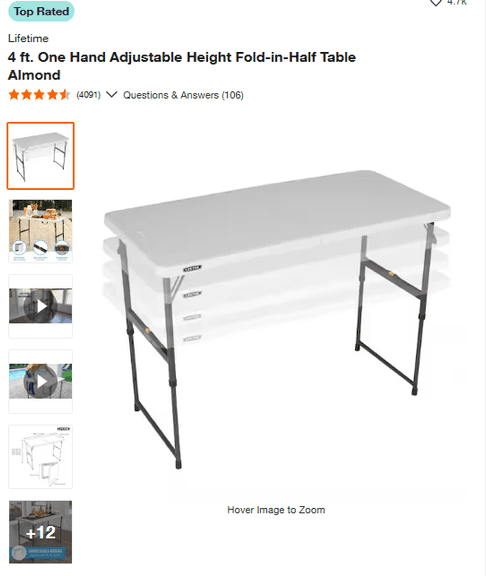Lifetime 4 ft. One Hand Adjustable Height Fold-in-Half Table Almond ...