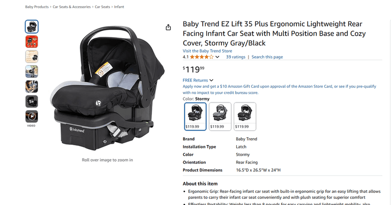 Baby Trend EZ Lift 35 Plus Ergonomic Lightweight Rear Facing Infant Car ...