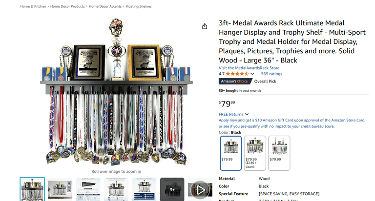 3ft- Medal Awards Rack Ultimate Medal Hanger Display and Trophy Shelf ...