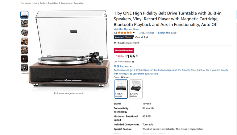 1 by ONE High Fidelity Belt Drive Turntable with Built-in Speakers ...