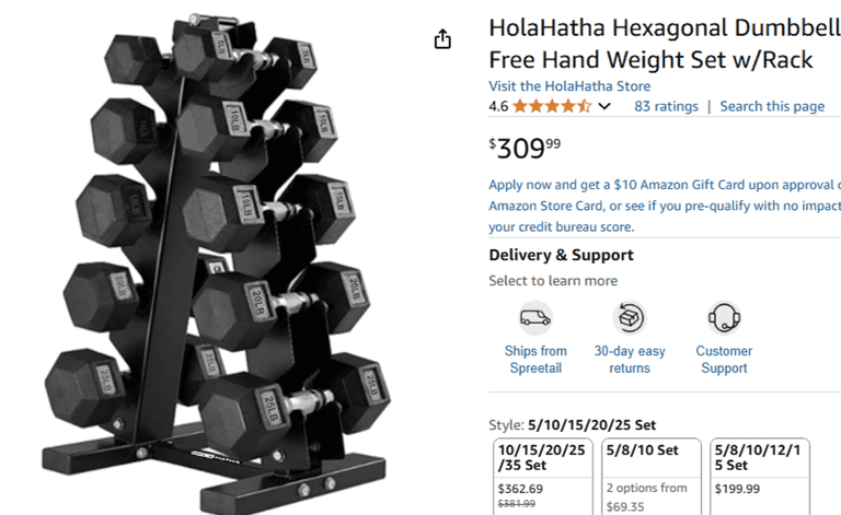HolaHatha Hexagonal Dumbbell Free Hand Weight Set w/Rack, MISSING SOME ...