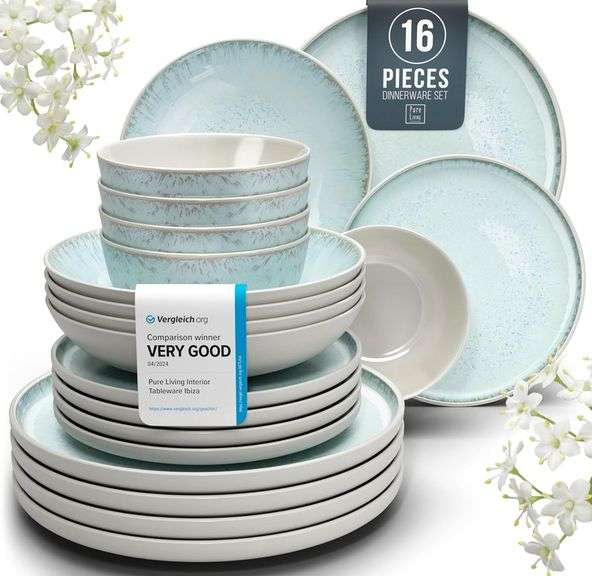 PURE LIVING Dinnerware Set, 16pc, Beige & Light Blue | Like New | (See ...