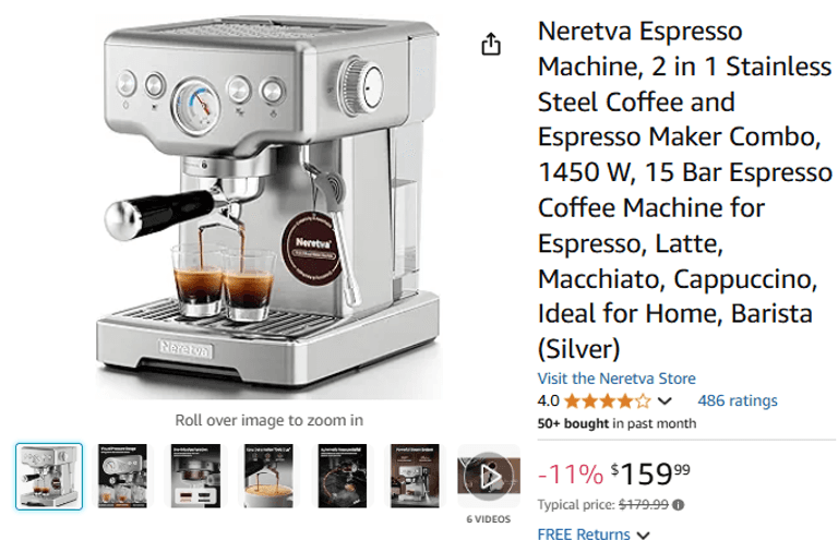 Neretva Espresso Machine, 2 in 1 Stainless Steel Coffee and Espresso ...