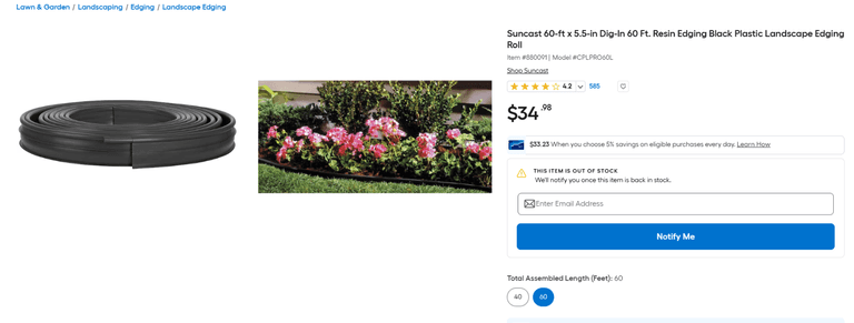 Suncast 60-ft x 5.5-in Dig-In 60 Ft. Resin Edging Black Plastic ...