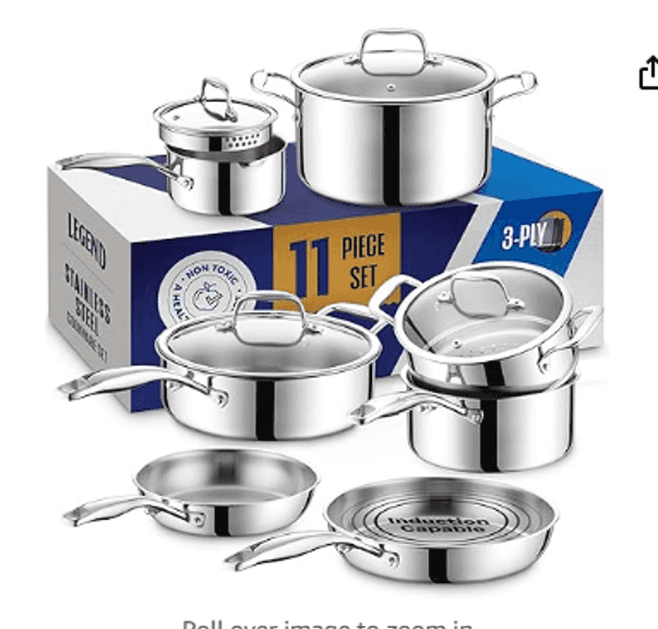 LEGEND COOKWARE 3 Ply Stainless Steel Pots and Pans Set | 11-Piece w ...