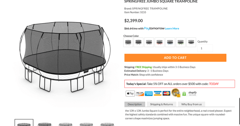Springfree Jumbo Square Trampoline | Open Box | (See Condition Notes ...