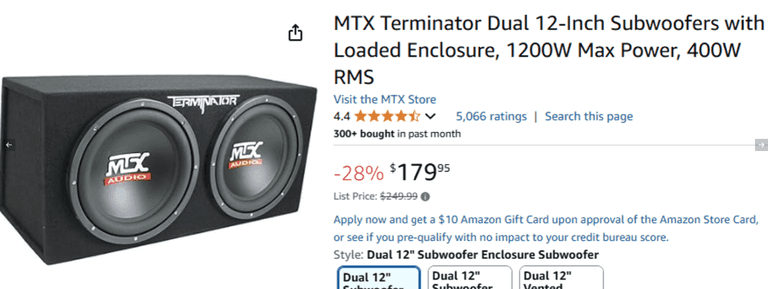 MTX Terminator Dual 12-Inch Subwoofers with Loaded Enclosure, 1200W Max ...