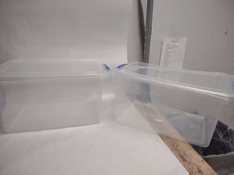 homz 2 pack storage bins, clear plastic organizing 66 quart blue ...