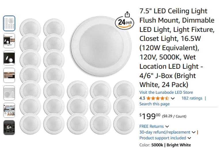 7.5" LED Ceiling Light Flush Mount, Dimmable, 16.5W 120V, 5000K, 4/6" J ...