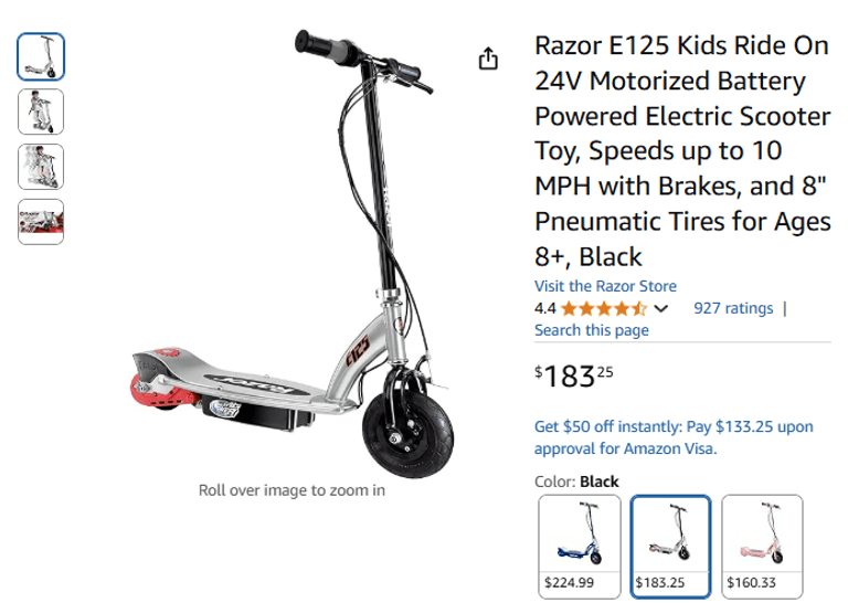 Razor E125 Kids Ride On 24V Motorized Battery Powered Electric Scooter ...