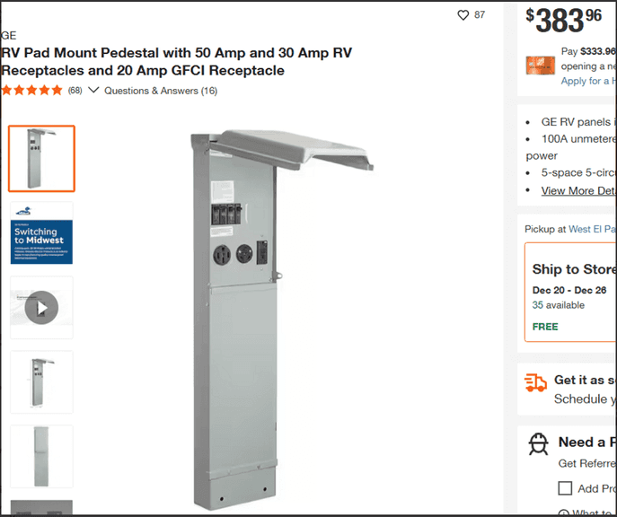 GE RV Pad Mount Pedestal W/ 50 Amp & 30 Amp RV Receptacles & 20 Amp ...