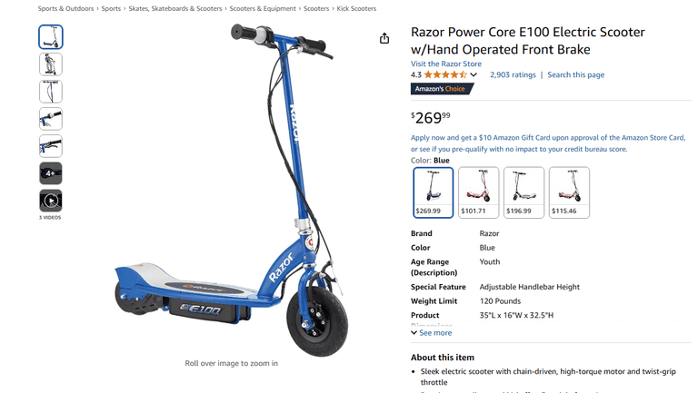 Razor Power Core E100 Electric Scooter w/Hand Operated Front Brake ...