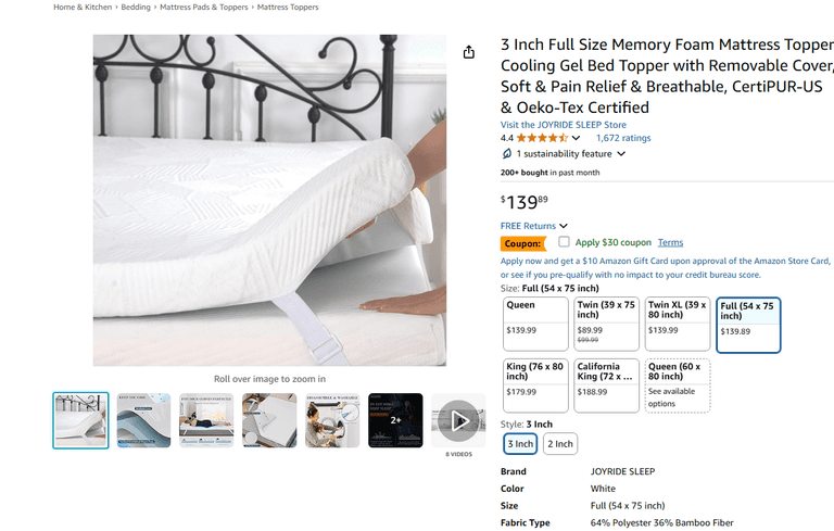 Joyride Sleep 3 Inch Full Size Memory Foam Mattress Topper | Like New ...