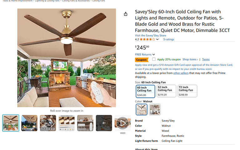 Savey'Sley 60-Inch Gold Ceiling Fan with Lights and Remote | Open Box ...