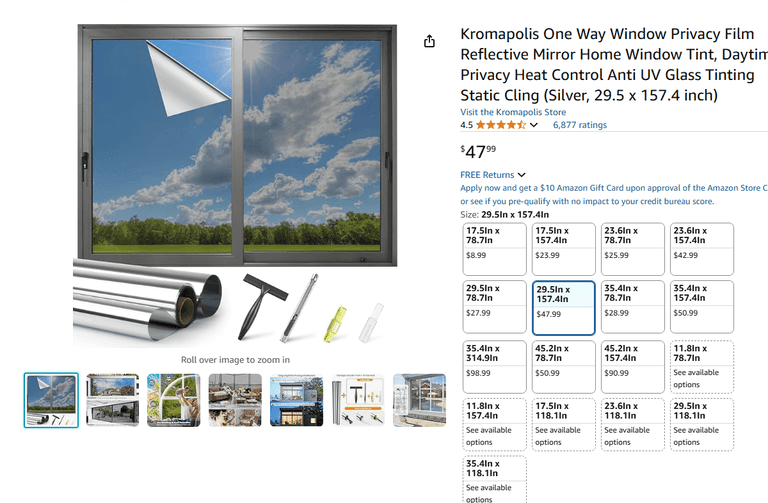 Kromapolis One Way Window Privacy Film Reflective Mirror Home Window Tint (Silver, 29.5 x 157.4 ...