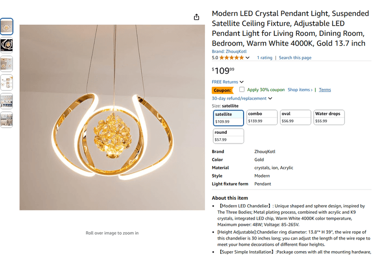 Modern LED Crystal Pendant Light, Suspended Satellite Ceiling Fixture ...