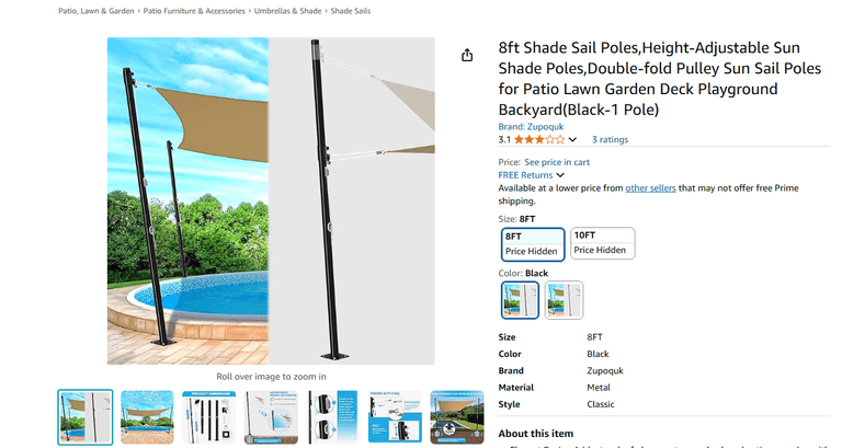 8ft Shade Sail Poles, Height-Adjustable Sun Shade Pole. | Like New ...