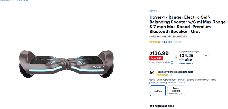 Hover-1 - Ranger Electric Self-Balancing Scooter w/6 mi Max Range & 7 ...