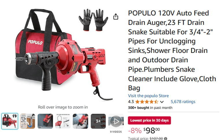 POPULO 120V Auto Feed Drain Auger,23 FT Drain Snake Suitable For 3/4"-2 ...