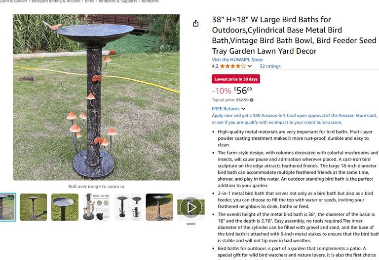 38" H×18" W Large Bird Baths for Outdoors, Cylindrical Base Metal Bird ...