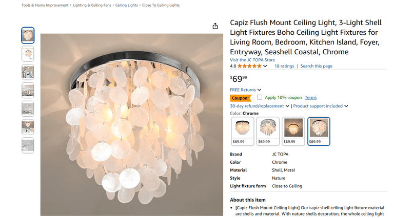 Capiz Flush Mount Ceiling Light, 3-Light Shell Light Fixtures Boho ...