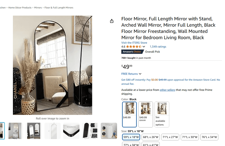 Floor Mirror, Full Length Mirror with Stand, Arched Wall Mirror 59"X18 ...