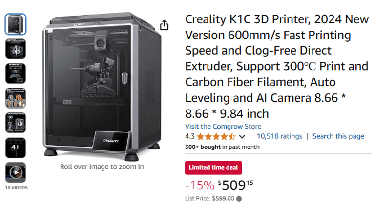 Creality K1C 3D Printer, 2024 New Version 600mm/s Fast Printing Speed and Clog-Free Direct ...