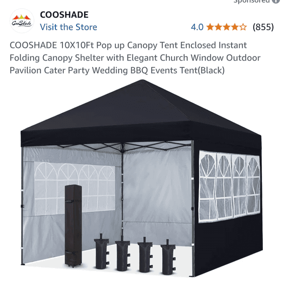 COOSHADE 10X10FT Pop Up Canopy Tent Black | Like New | (See Condition ...