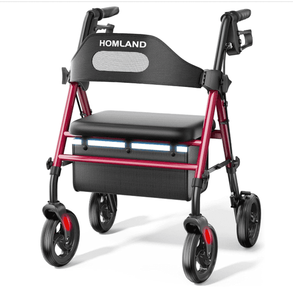 HOMLAND Foldable Rollator Walker w/ Seat for Seniors, 8'' Big Wheels ...