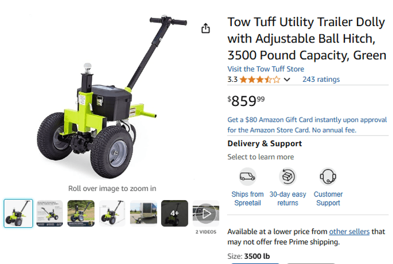 Tow Tuff Utility Trailer Dolly with Adjustable Ball Hitch, 3500 Pound ...