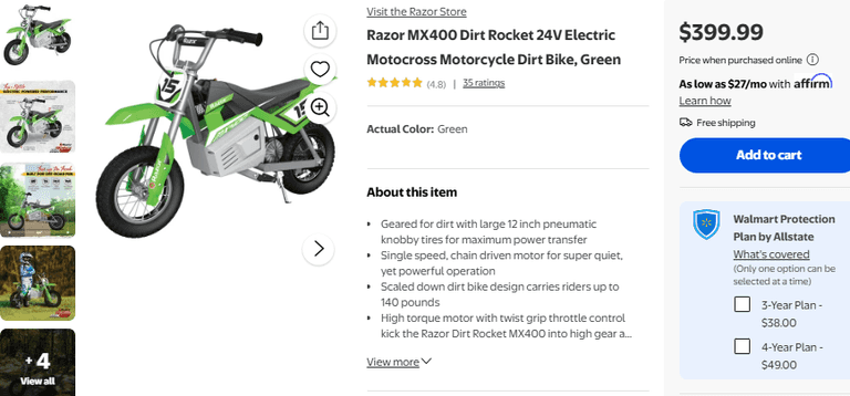 Razor MX400 Dirt Rocket 24V Electric Motocross Motorcycle Dirt Bike ...
