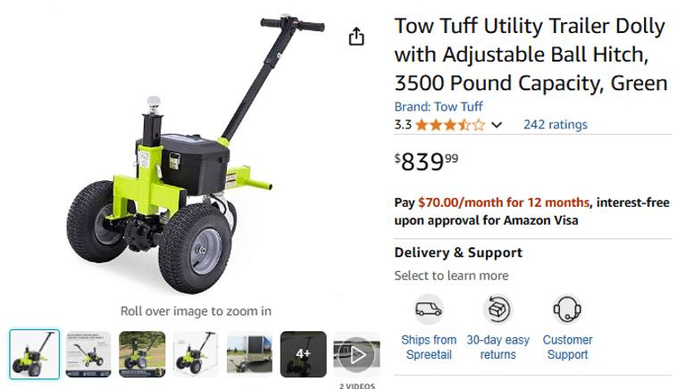 Tow Tuff Utility Trailer Dolly with Adjustable Ball Hitch, 3500 Pound ...