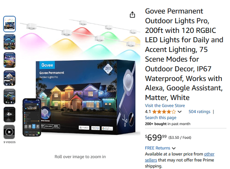 Govee Permanent Outdoor Lights Pro, 200ft with 120 RGBIC LED Lights for Daily and Accent ...