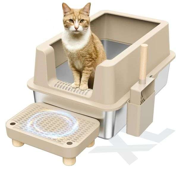VNAKIO Stainless Steel Boutique Cat Litter Box Khaki | Open Box | (See ...