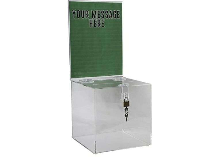 Clear-Ad Acrylic Ballot/Raffle/Donation Box w/Lock & Removable Sign ...