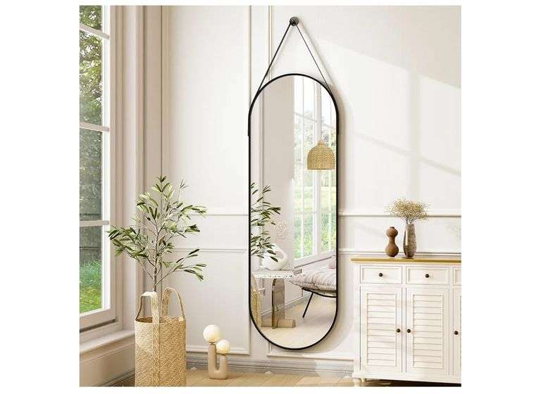 HARRITPURE Oval Hanging Mirror w/Leather Strap Black | Open Box | (See ...