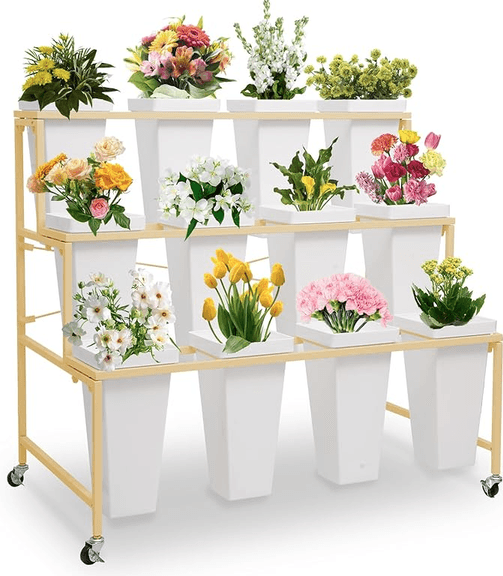 Flower Display Stands with White Buckets, 3-Tier Rolling Plant Stand ...