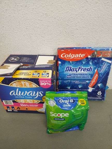 Bundle-always ULTRA THIN OVERNIGHT PADS 80 PK/ Oral-B Glide Scope FLOSS ...