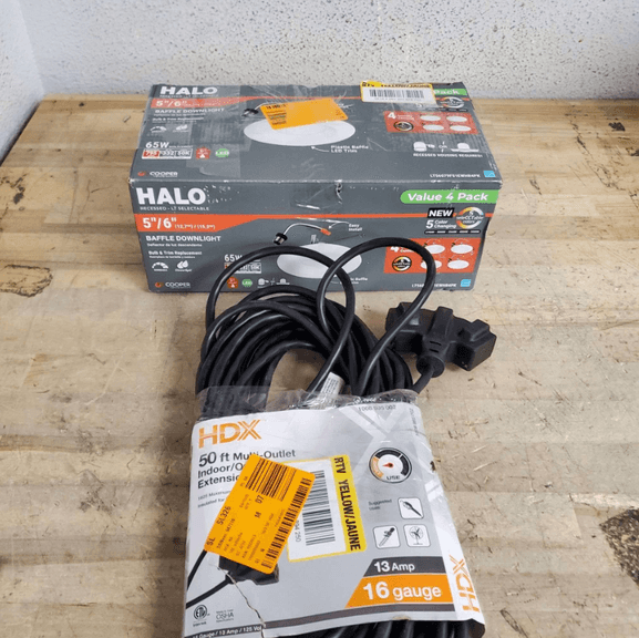 HDX 50FT Multi Outlet Extension Cord & Halo Baffle Downlight Bundle ...