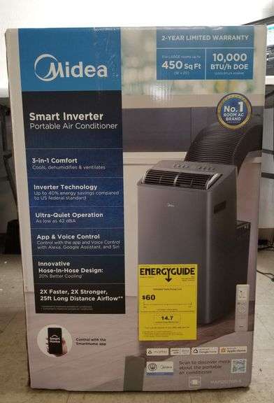 MIDEA Smart Inverter Portable Air Conditioner, Up To 450Sq Ft, 10,000 ...