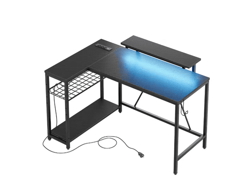 Bestier Hover 48" L-Shaped LED Gaming Desk w/ Storage Shelf & Power ...
