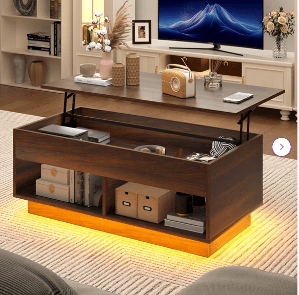 Walnut Bice Lift Top Coffee Table w/ RGB LED Light Strip | Open Box ...