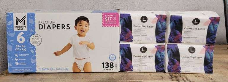 MISC Bundle - MEMBER'S MARK Premium Diapers Size 6 qt.138 & L Extra Long Ultra Thin Pads w/Wings ...