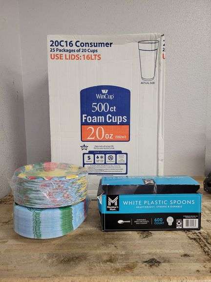 Disposable Bundle- MEMBER'S MARK White Plastic Spoons, WONCUP 20oz Foam ...