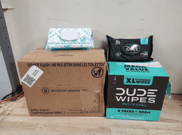 DUDE WIPES Scented XL Flushable Wipes & AMAZON Unscented Baby Wipes ...