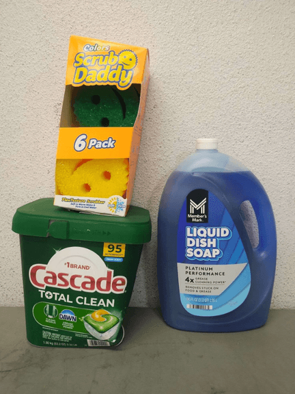 Member's Mark Liquid Dish Soap, Cascade Dishwasher Pods, And Scrub ...