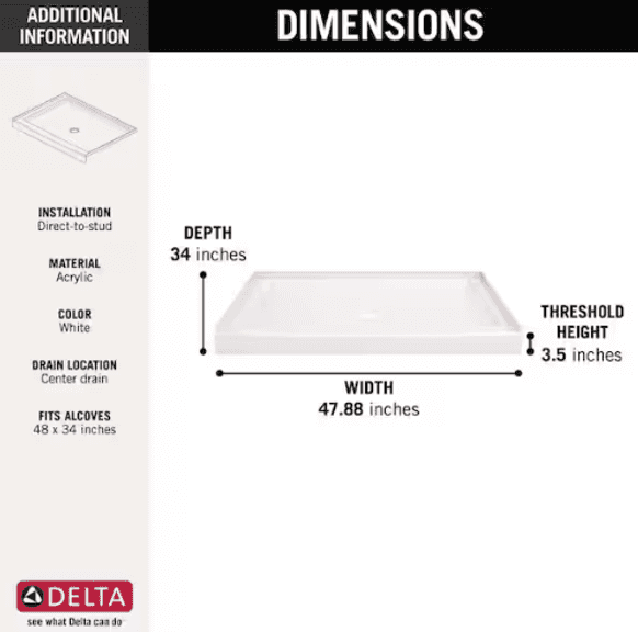 Delta Classic 500 48 in. L x 34 in. W Alcove Shower Pan Base with ...