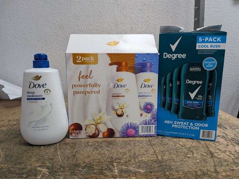 (BUNDLE) DOVE 3 Pack Body Wash And Lotion & DEGREE 4 Pack Deodorant ...