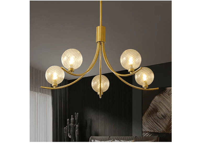 Gold Modern Chandelier With 5 Clear Glass Globe Bulbs | Open Box | (See ...