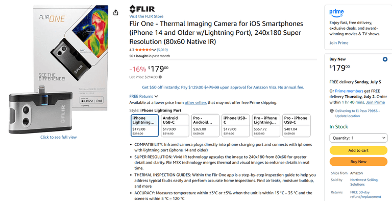 Flir One Thermal Imaging Camera for iOS Smartphones w/Lightning Port ...